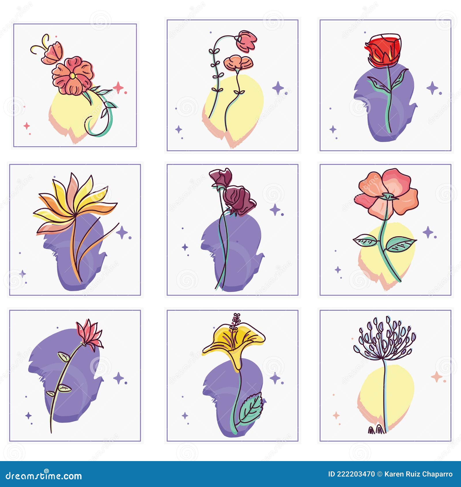 Set of Hand Drawn Colored Flowers Stock Vector - Illustration of ...