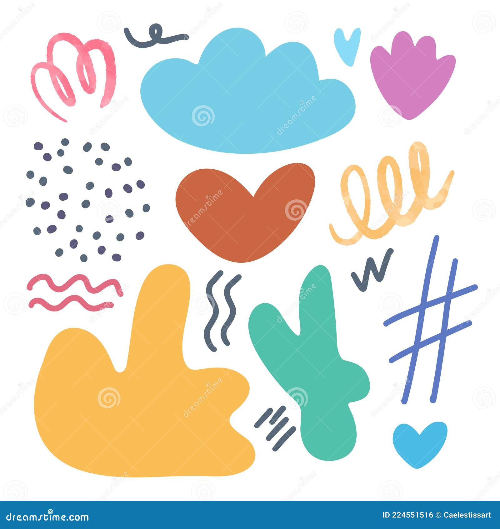 Set of Hand Drawn Colorful Shapes and Doodle Objects. Vector ...