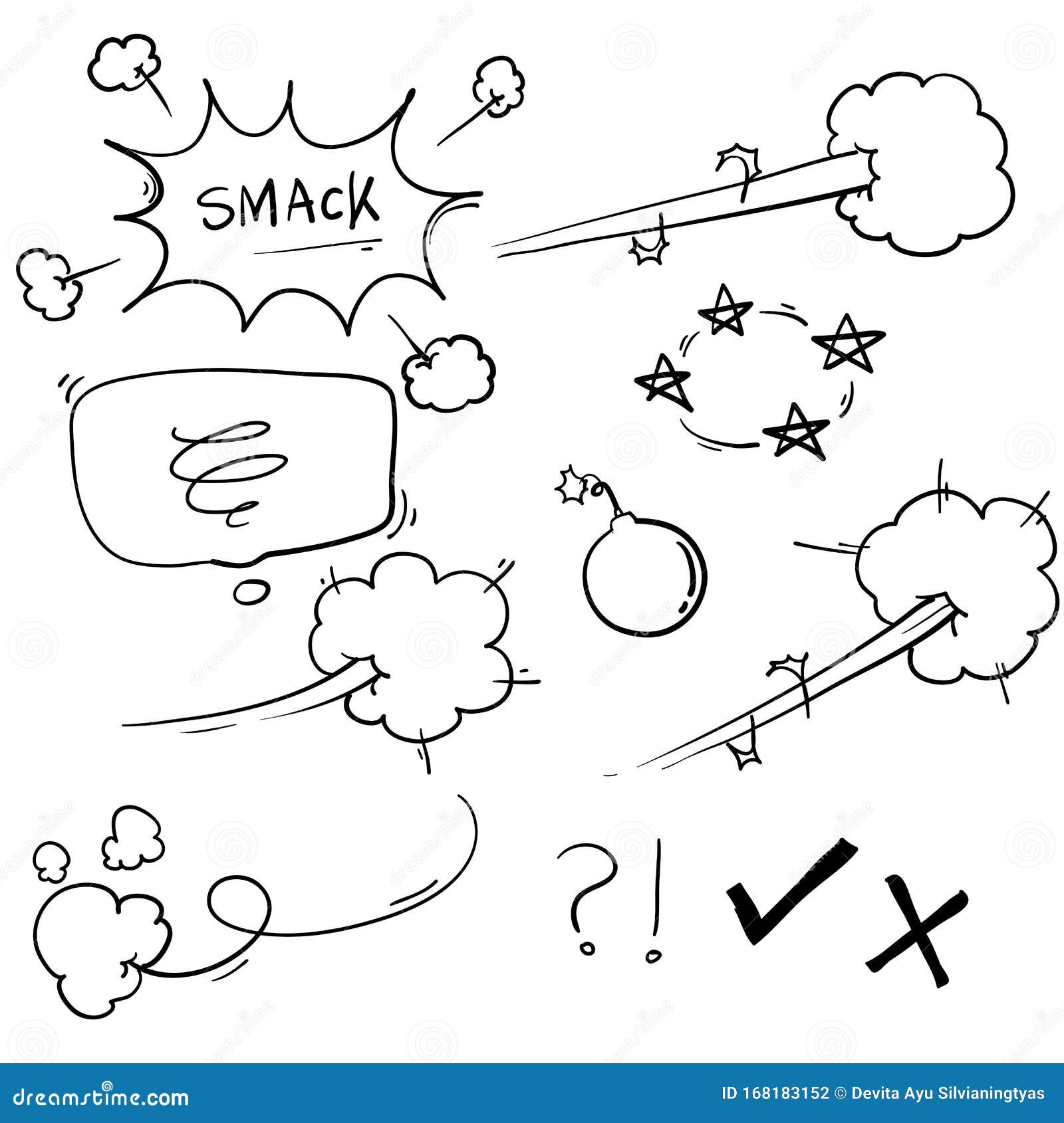 Set of Hand Drawn Comic Elements with Cartoon Style Isolated on White ...