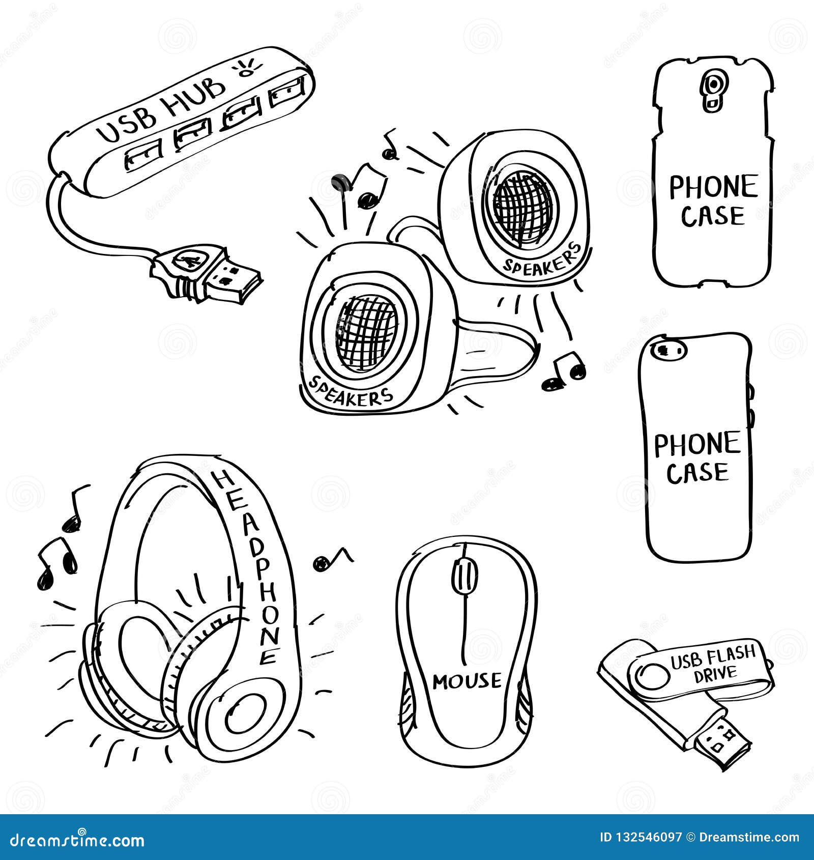 Set of Hand Drawn Computer Accessories Doodles Isolated on a White ...