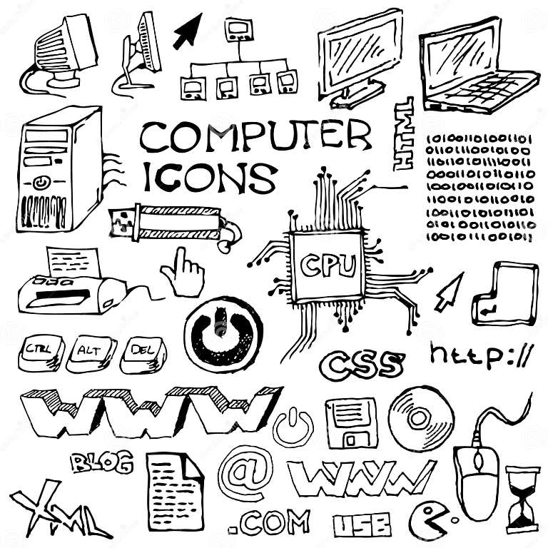 Set of Hand-drawn Computer Icons Stock Vector - Illustration of office ...