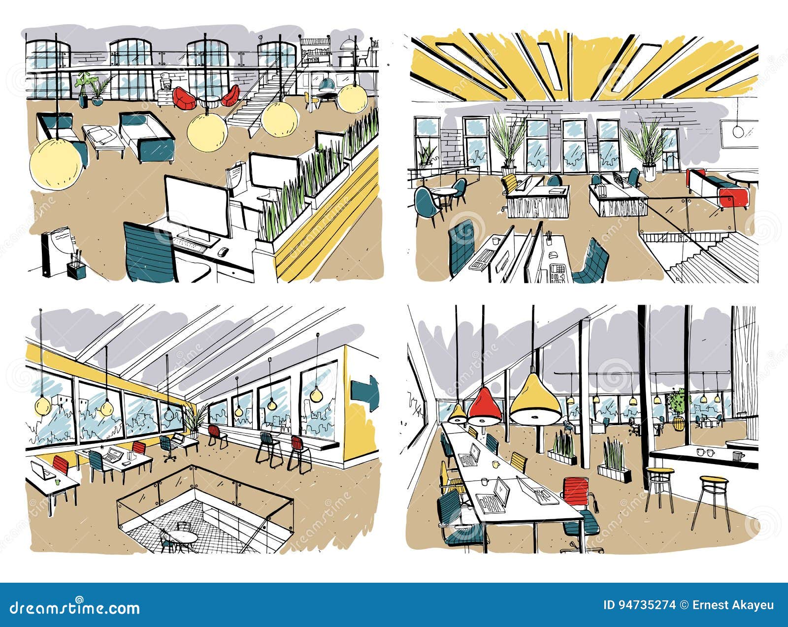 Set of Hand Drawn Coworking. Modern Office Interiors, Open Space Stock ...