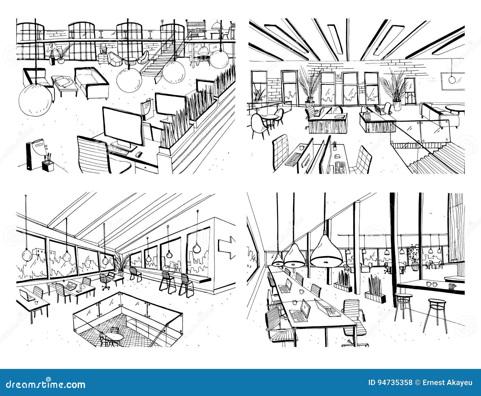 Set of Hand Drawn Coworking. Modern Office Interiors, Open Space Stock ...