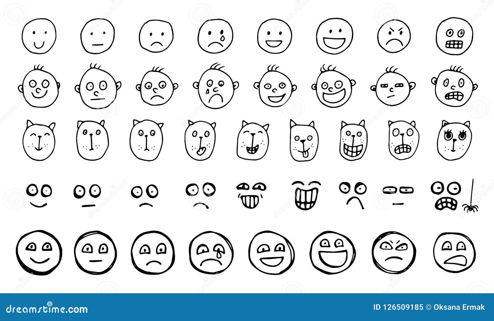 Set of Hand Drawn Creative Vector Emoticons or Sketched Human and ...