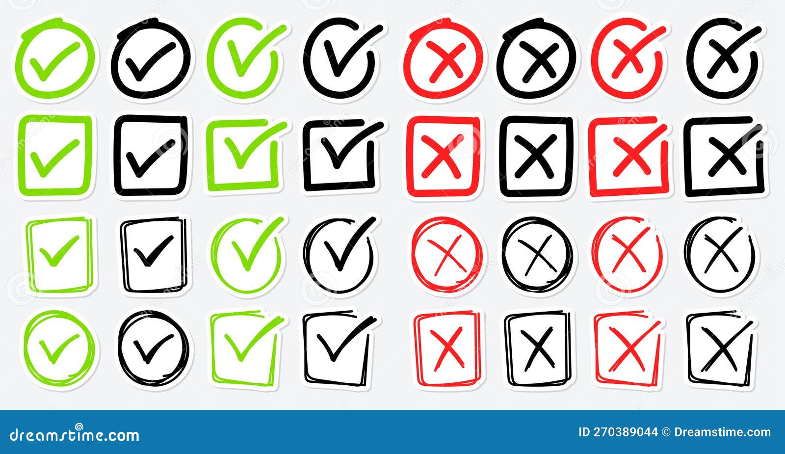 Set of Hand Drawn Cross Mark and Check Mark Stock Vector - Illustration ...