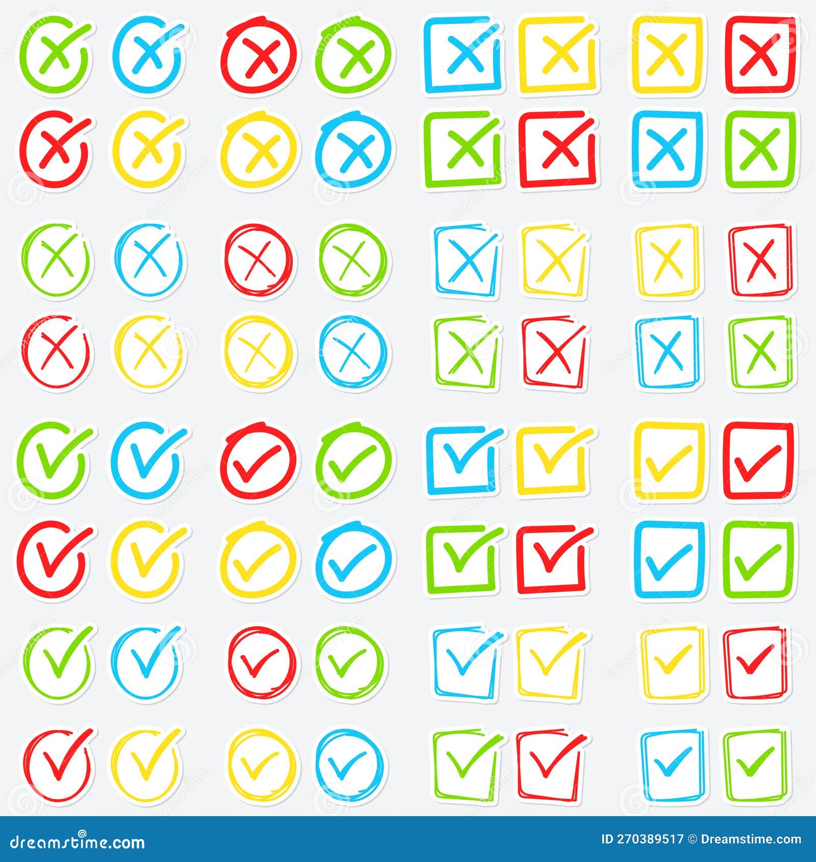 Set of Hand Drawn Cross Mark and Check Mark Stock Vector - Illustration ...