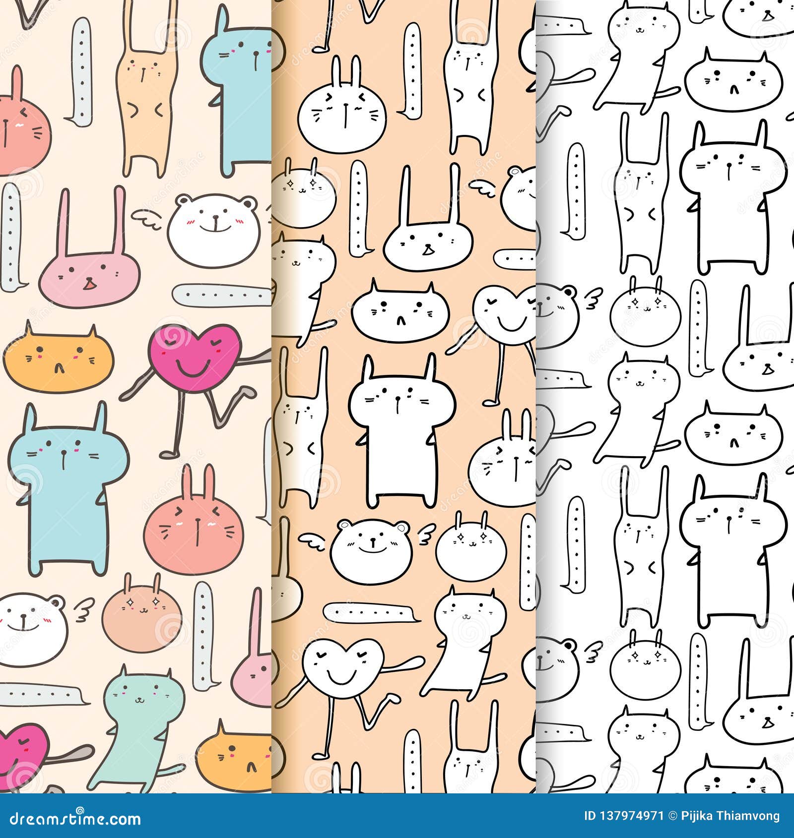 Set of Hand Drawn Cute Bunny Vector Pattern Background. Doodle Funny ...