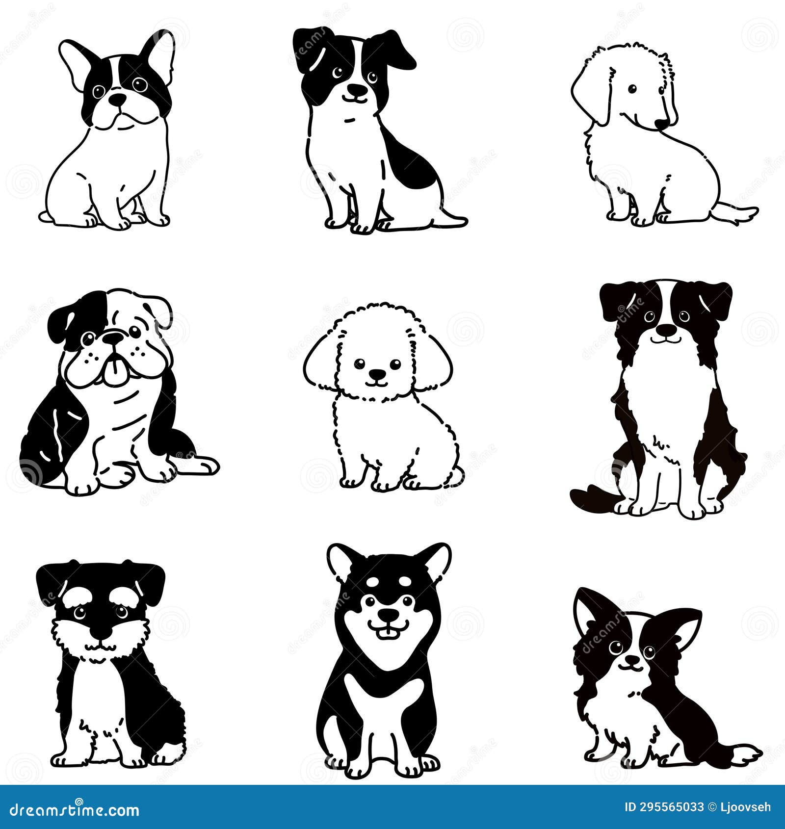 Set of Hand Drawn Cute Dogs Sitting in Front View Illustrations with ...