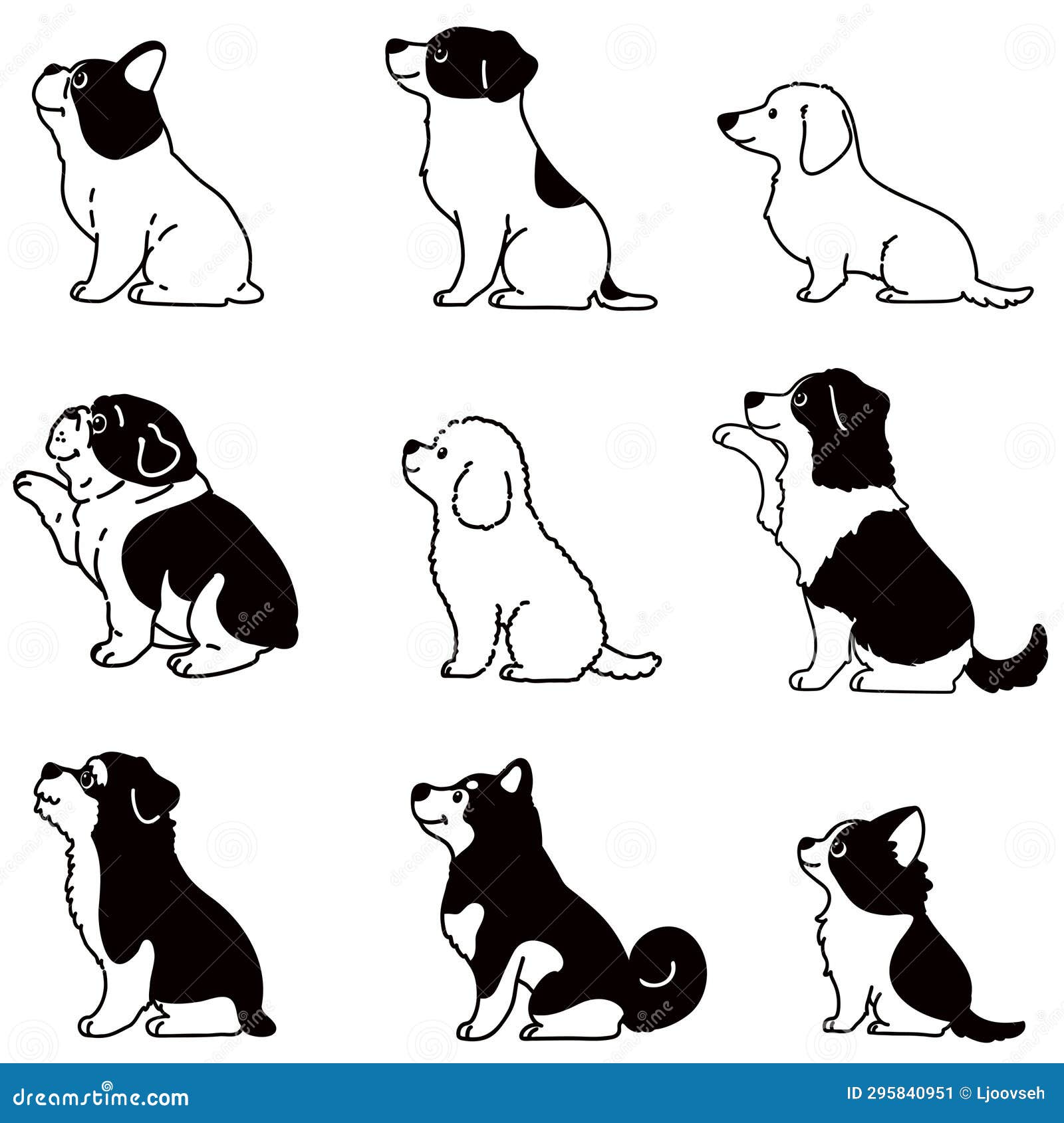 Set of Hand Drawn Cute Dogs Sitting in Side View Illustrations with ...