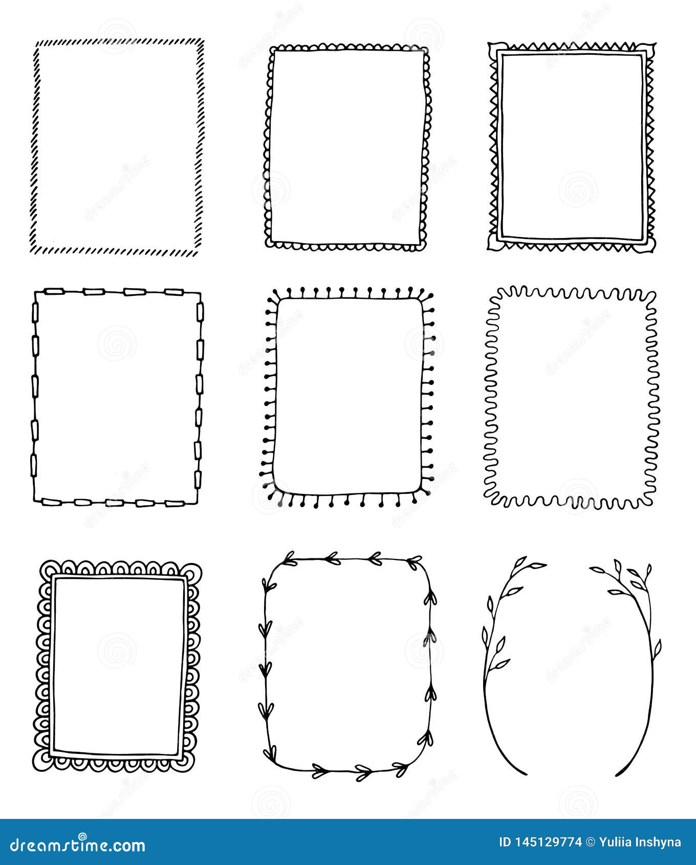 Doodle Frames. Square Hand Draw Borders, Pencil Circle Line, Round ...