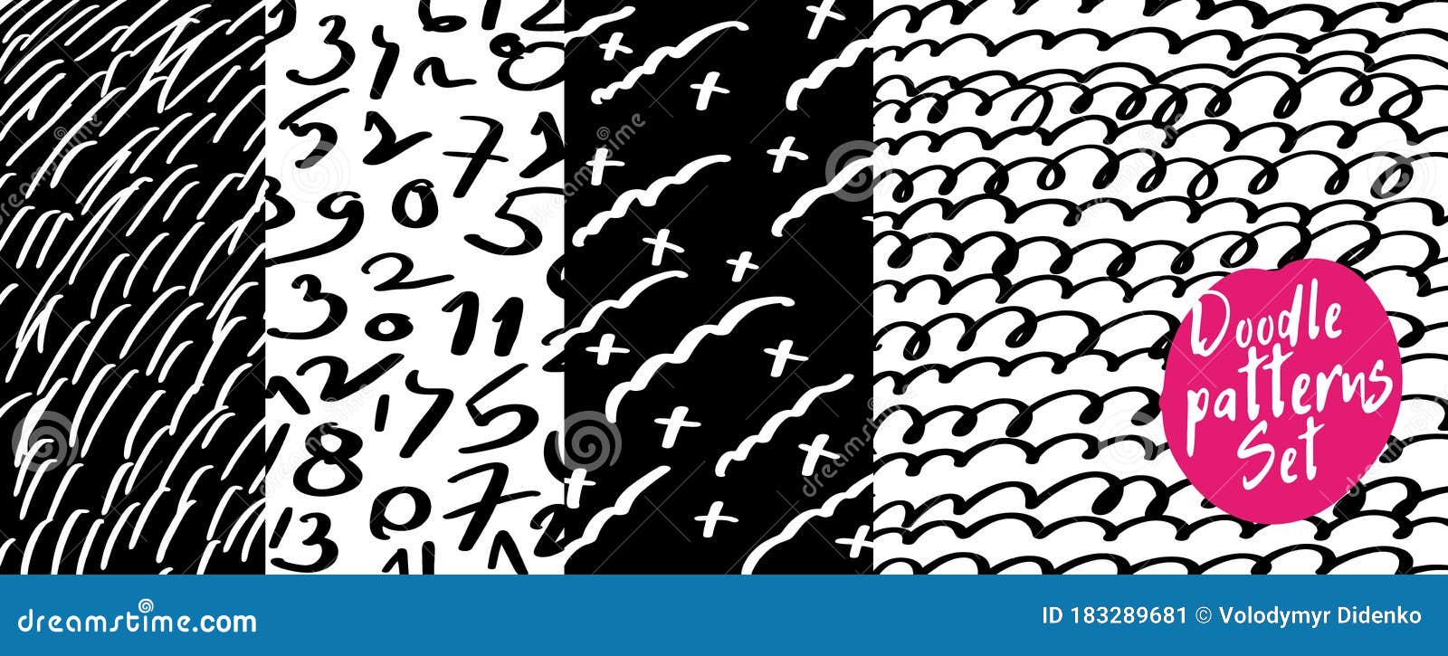 Set of Hand Drawn Doodle Pattern with Line, Cross, Numeral and Wave ...
