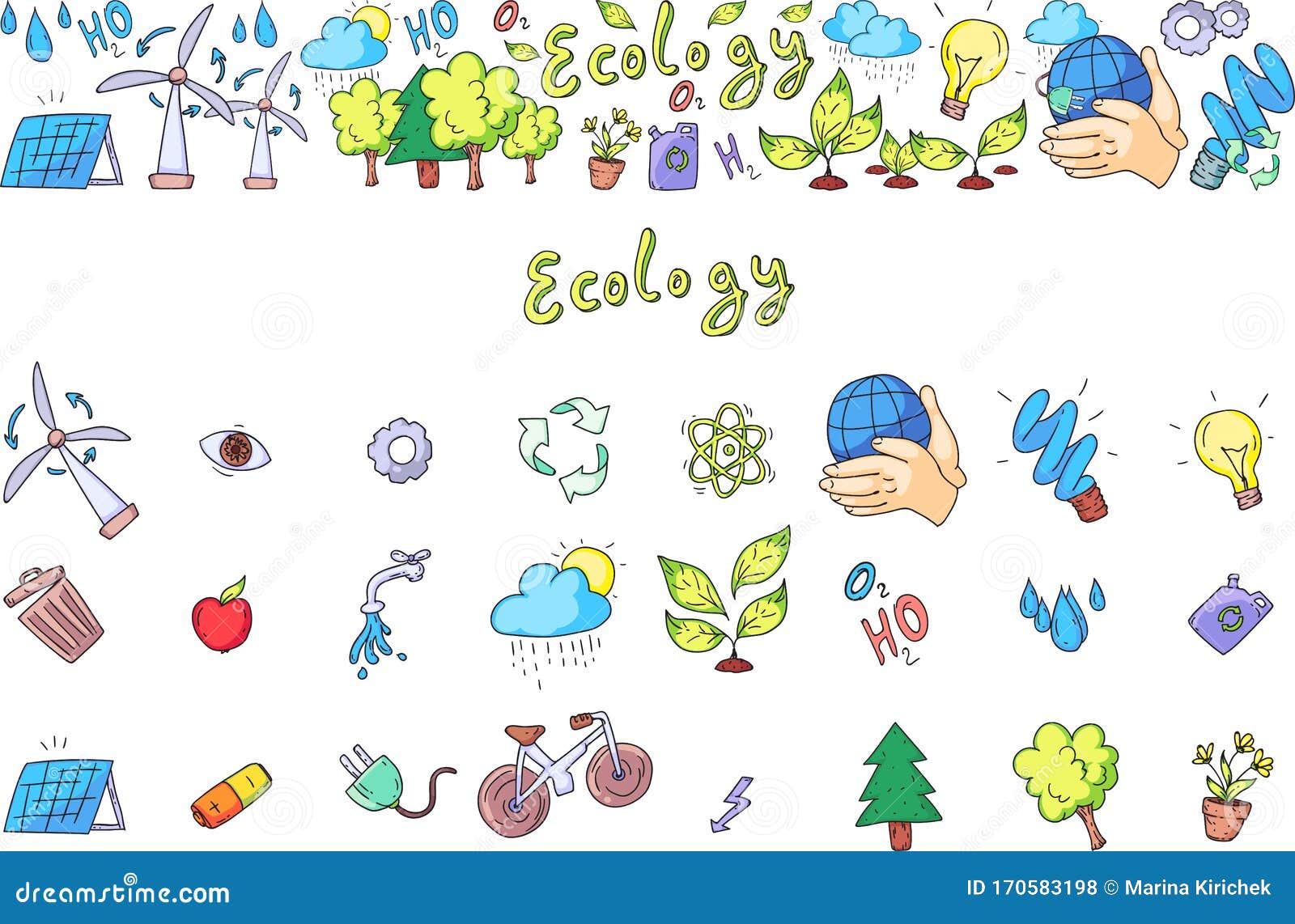 Set of Hand Drawn Eco Friendly Doodle Icons. Unique Vector Elements ...