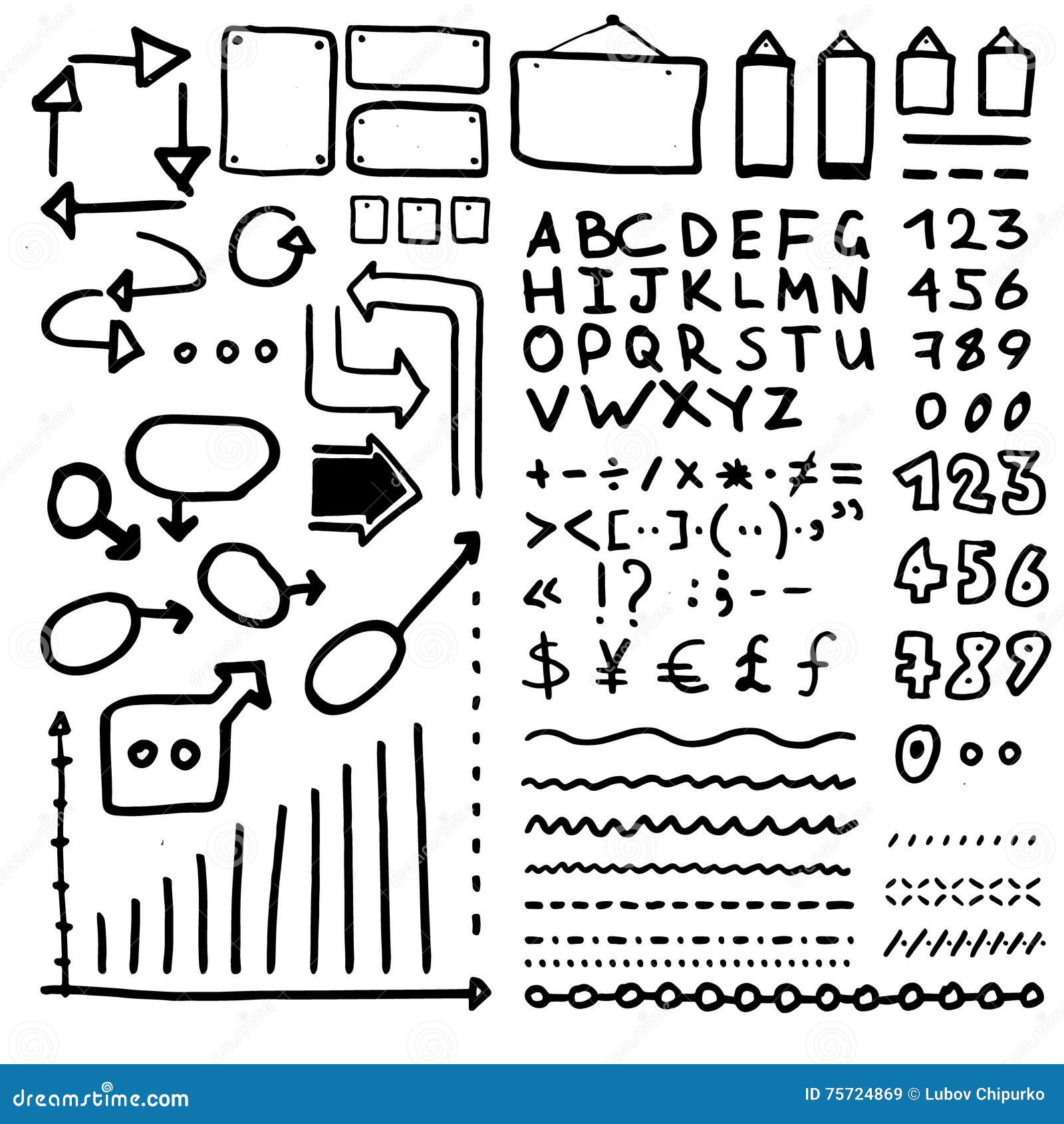 Set of Hand Drawn Elements Arrows, Lines, Graphics, Letters, Math Signs ...