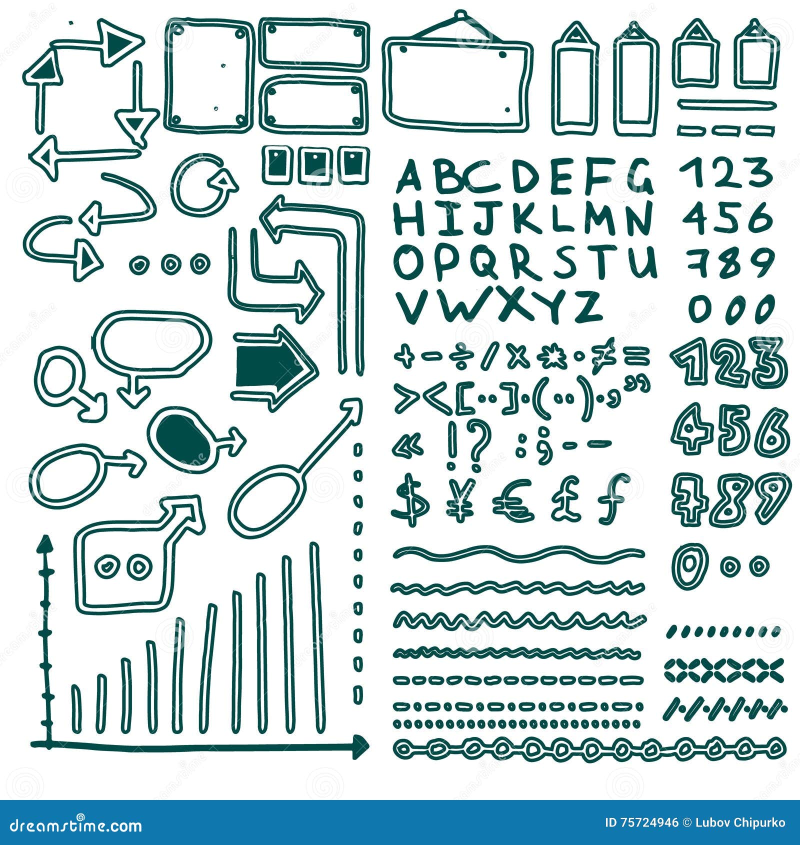 Set of Hand Drawn Elements Arrows, Lines, Graphics, Letters, Math Signs ...