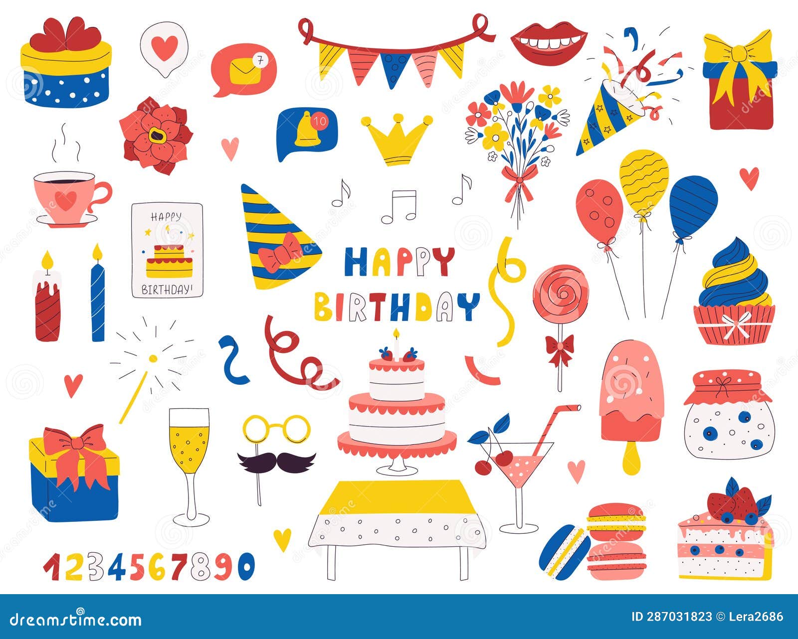 A Set of Hand Drawn Elements for Birthday, Party, Celebration. Bright ...