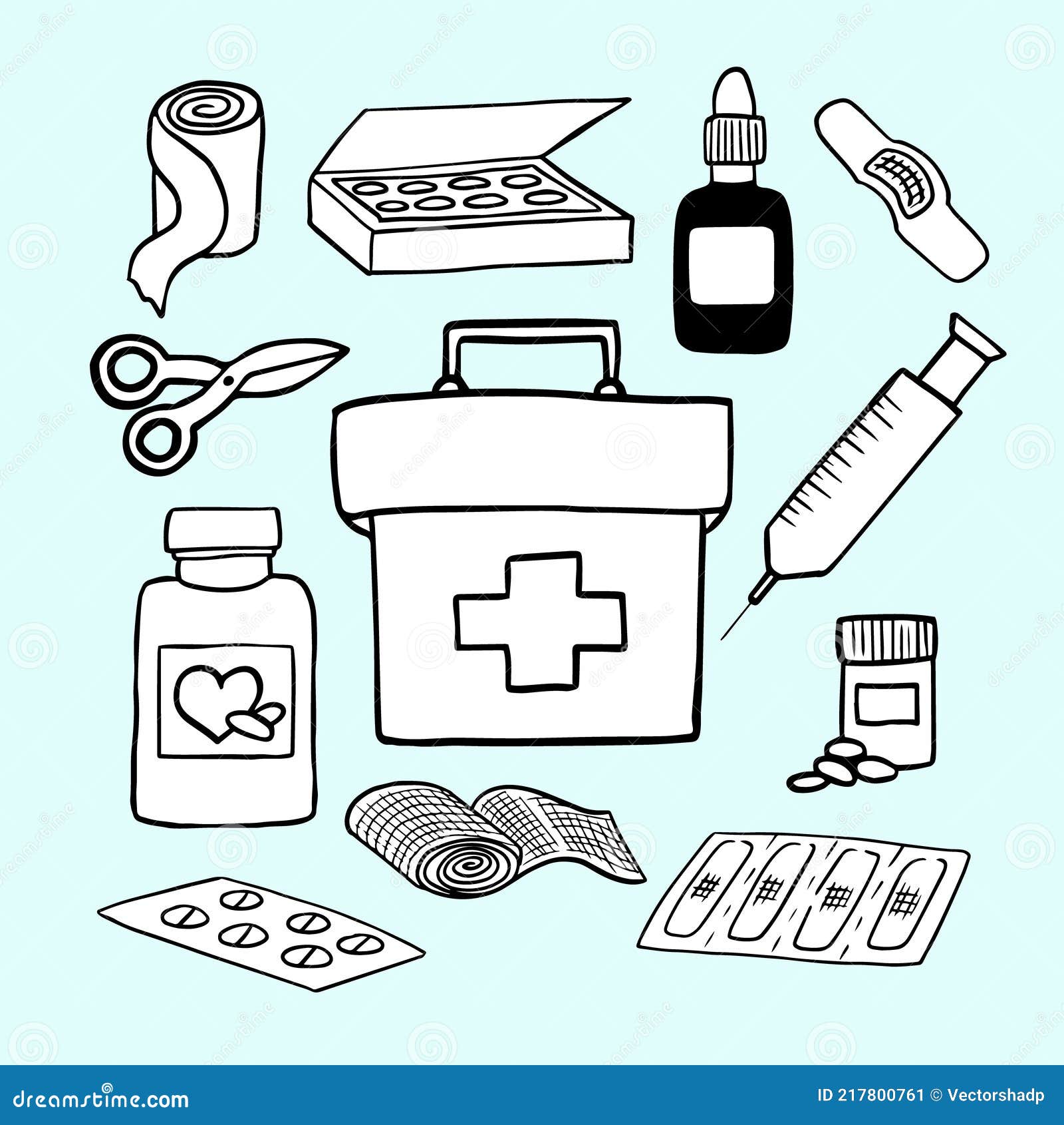Set of Hand Drawn Elements of First Aid Kit. Doodle Style Medicine ...