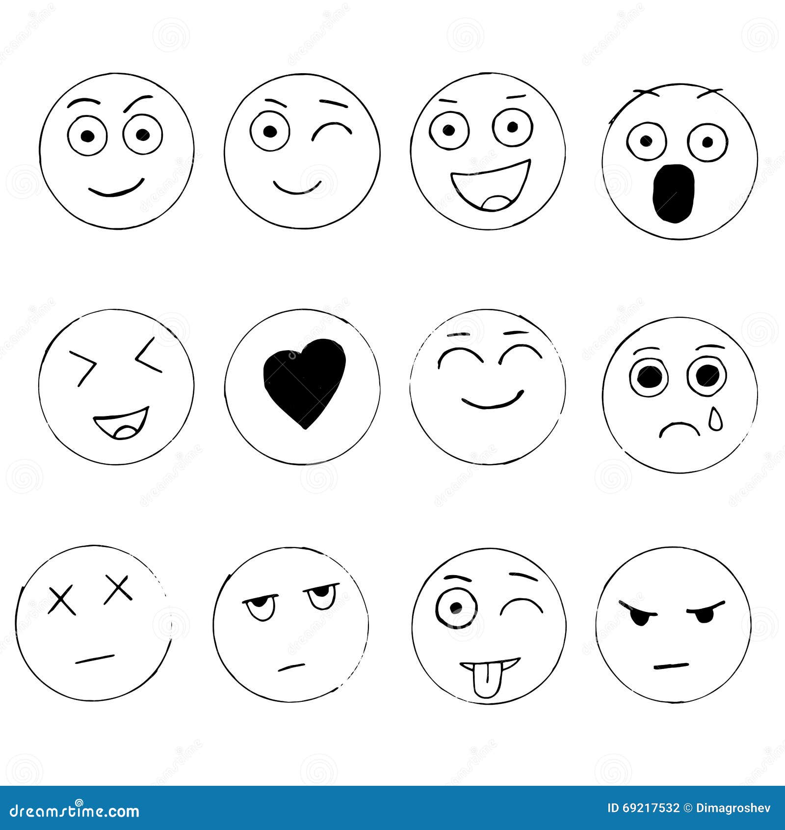 Set Of Hand Drawn Emoji On White Background, Doodle Illustration ...
