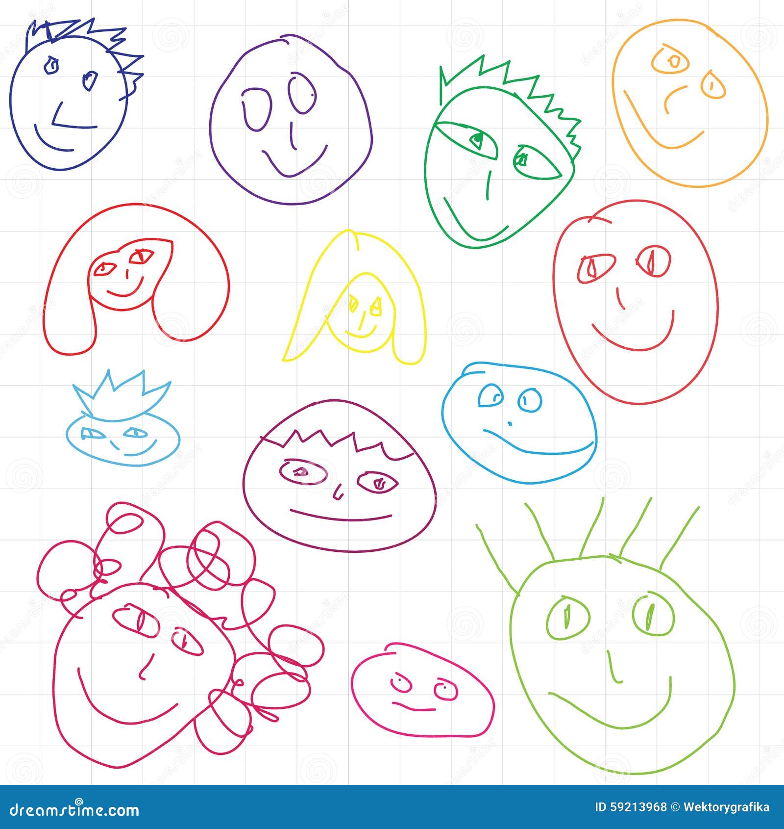 Set Of Hand Drawn Faces On White Background. Kid Drawing Illustration ...