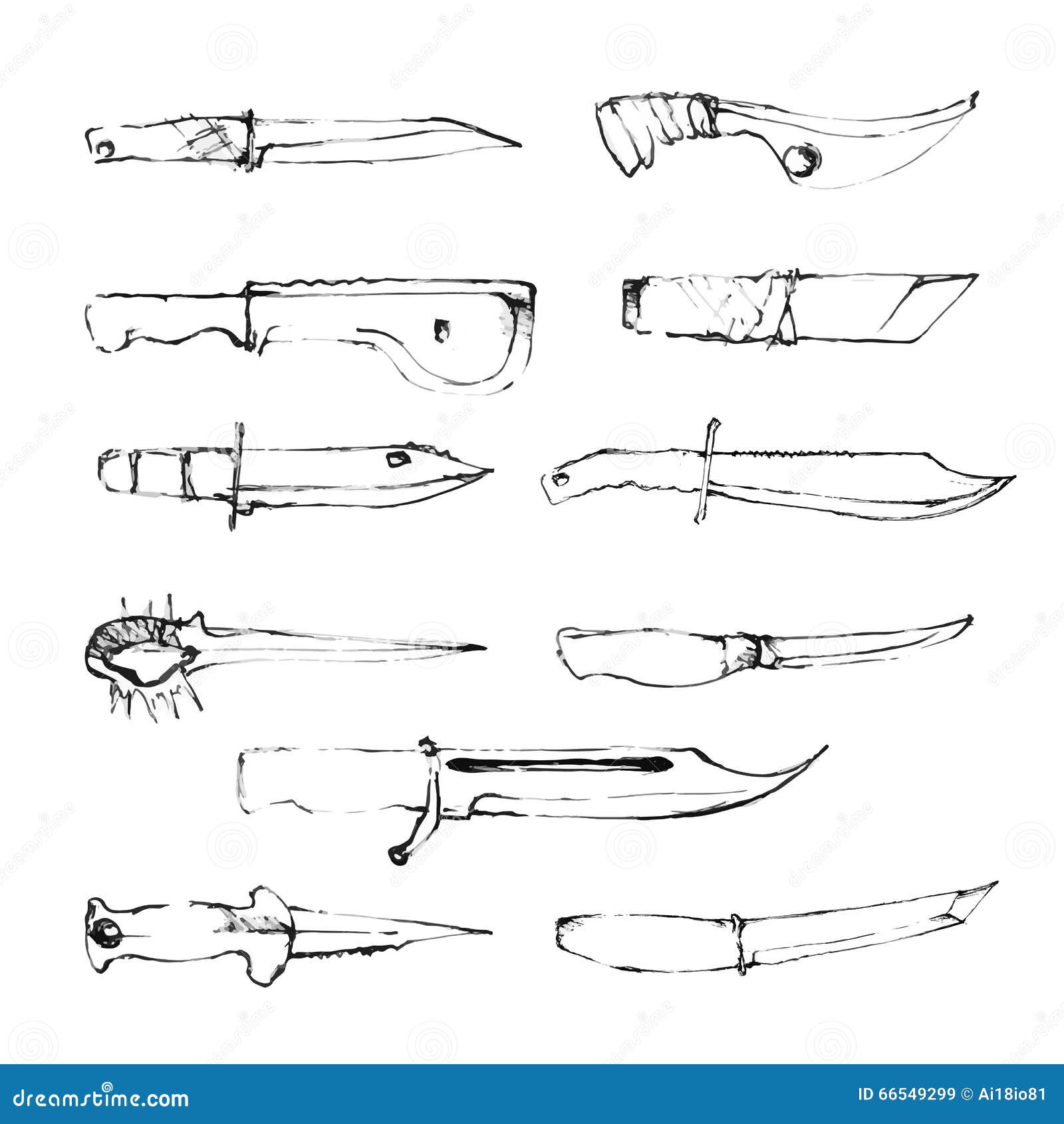 Set of Hand Drawn Fighting Knifes Isolated on White. Stock Illustration ...