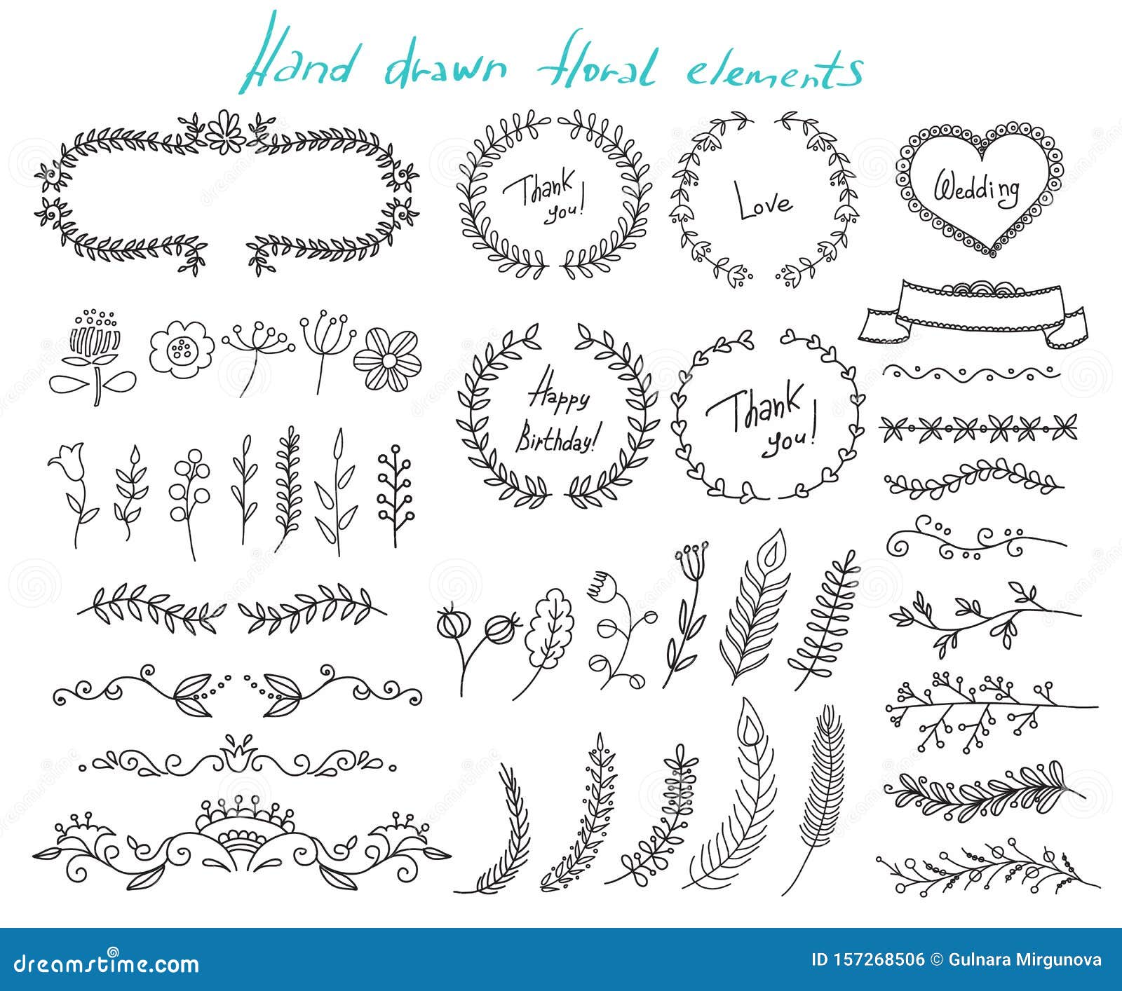 Set of Hand Drawn Floral Elemrnts. Stock Vector - Illustration of ...