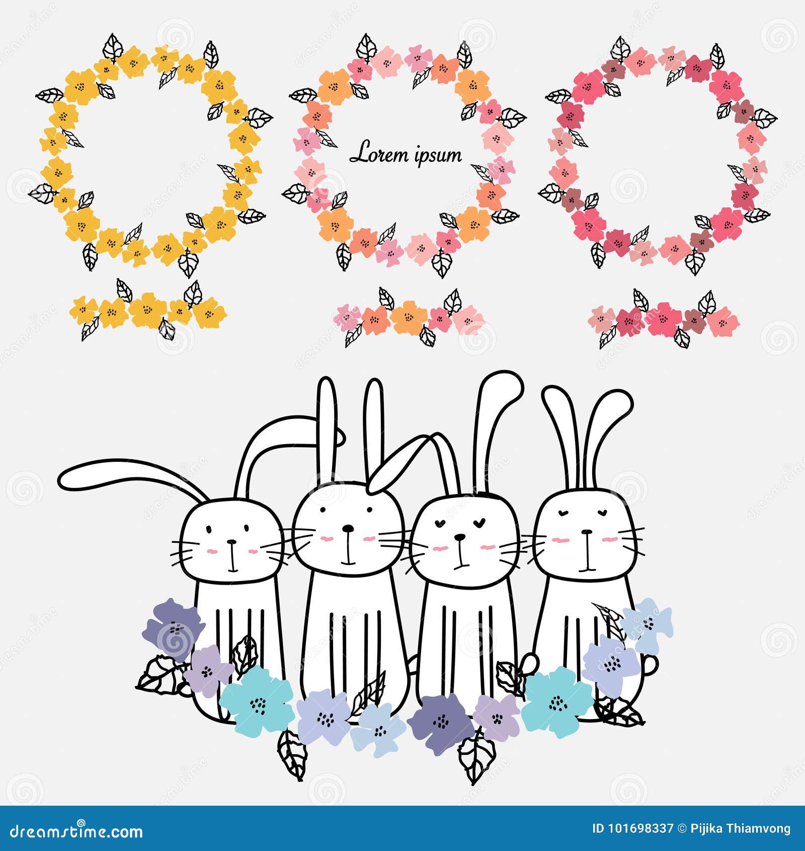 Set of Hand Drawn Floral Frames Card Decoration and Cute Bunny. Stock ...