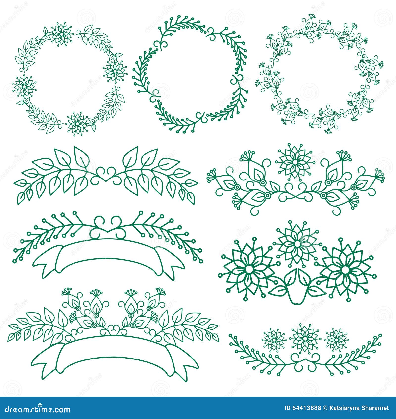 Set of Hand Drawn Floral of Wreaths the Rustic Style. Stock Vector ...