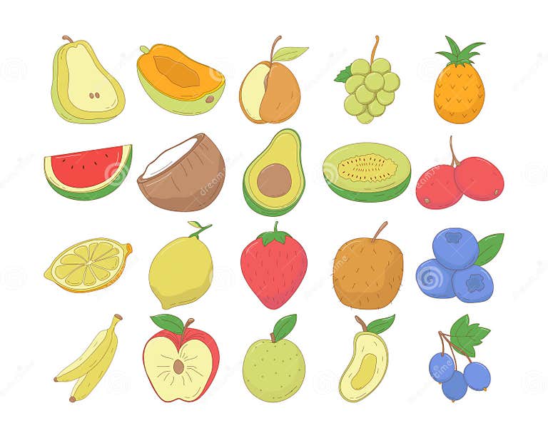 Set of Hand Drawn Fruits Vector Illustration. Creative Hand Drawn ...