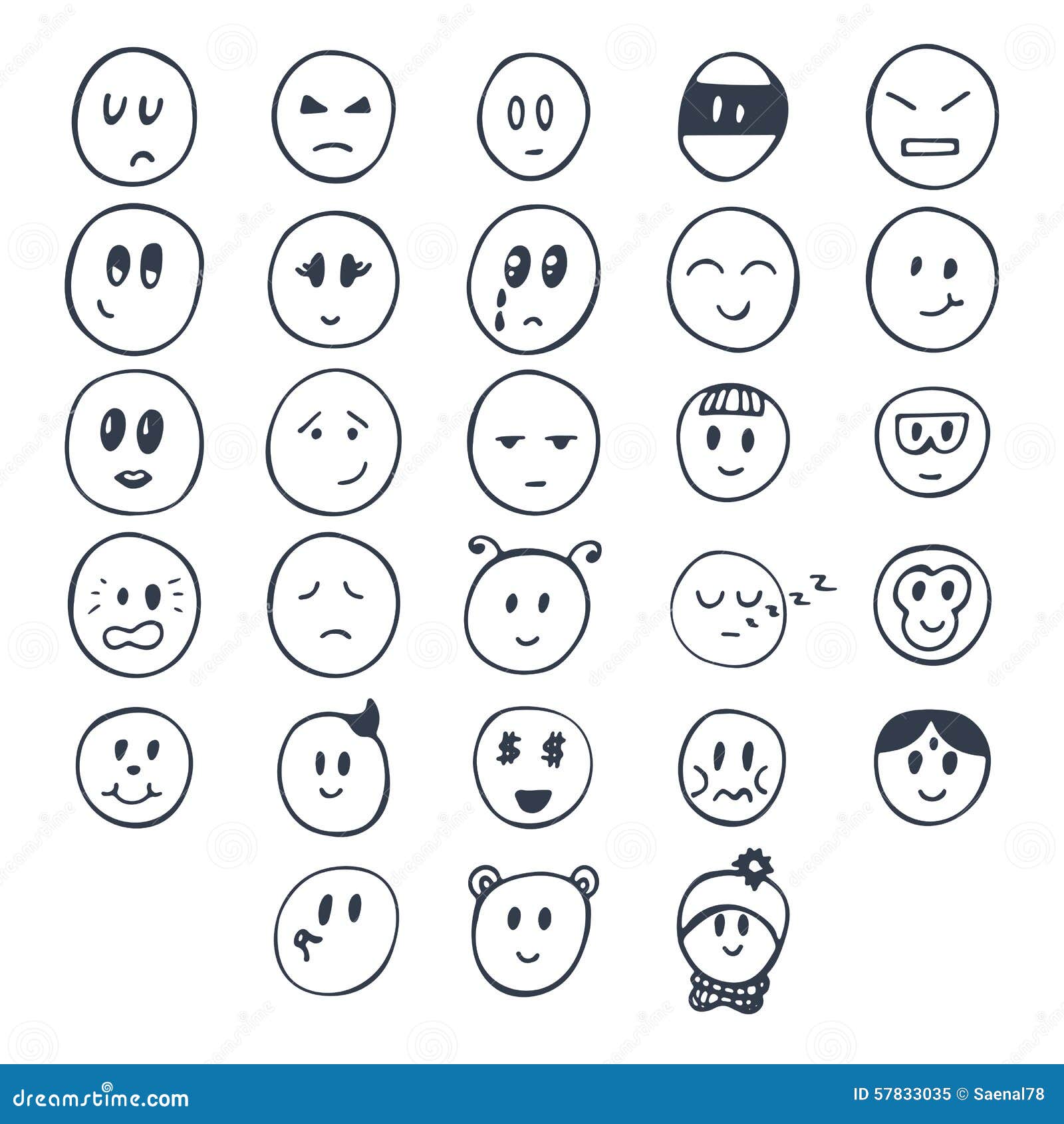 Set Of Hand Drawn Funny Faces With Different Expressions. Smiley ...
