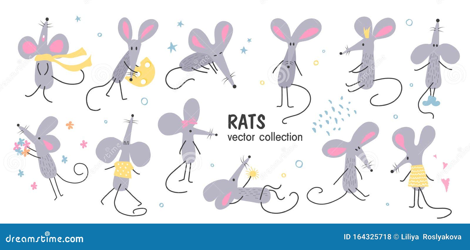 A Set of Hand-drawn Funny Rats in Different Poses.Cute Mice for Your ...