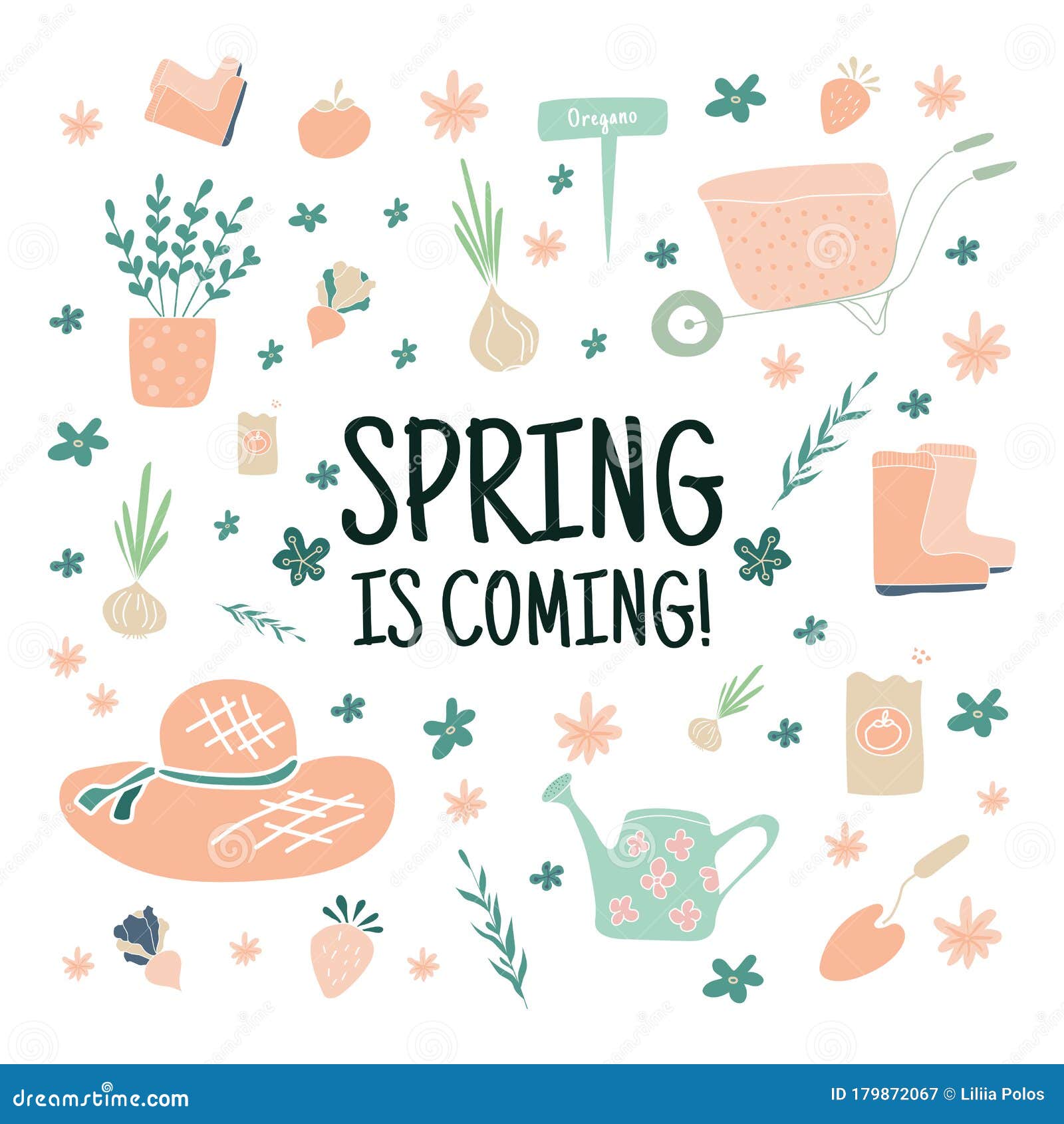 Set of Hand Drawn Garden Elements with Quote: Spring is Coming ...