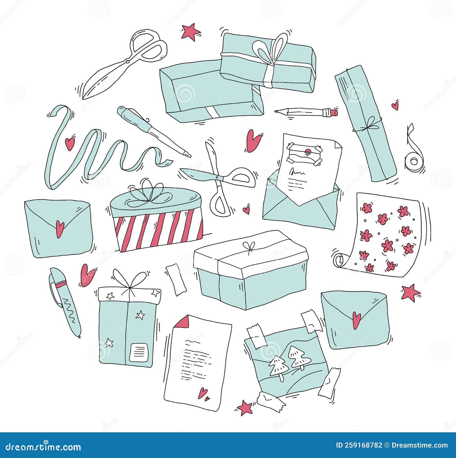 Set of Hand Drawn Gift Boxes and Postcard. Vector Flat Illustration ...
