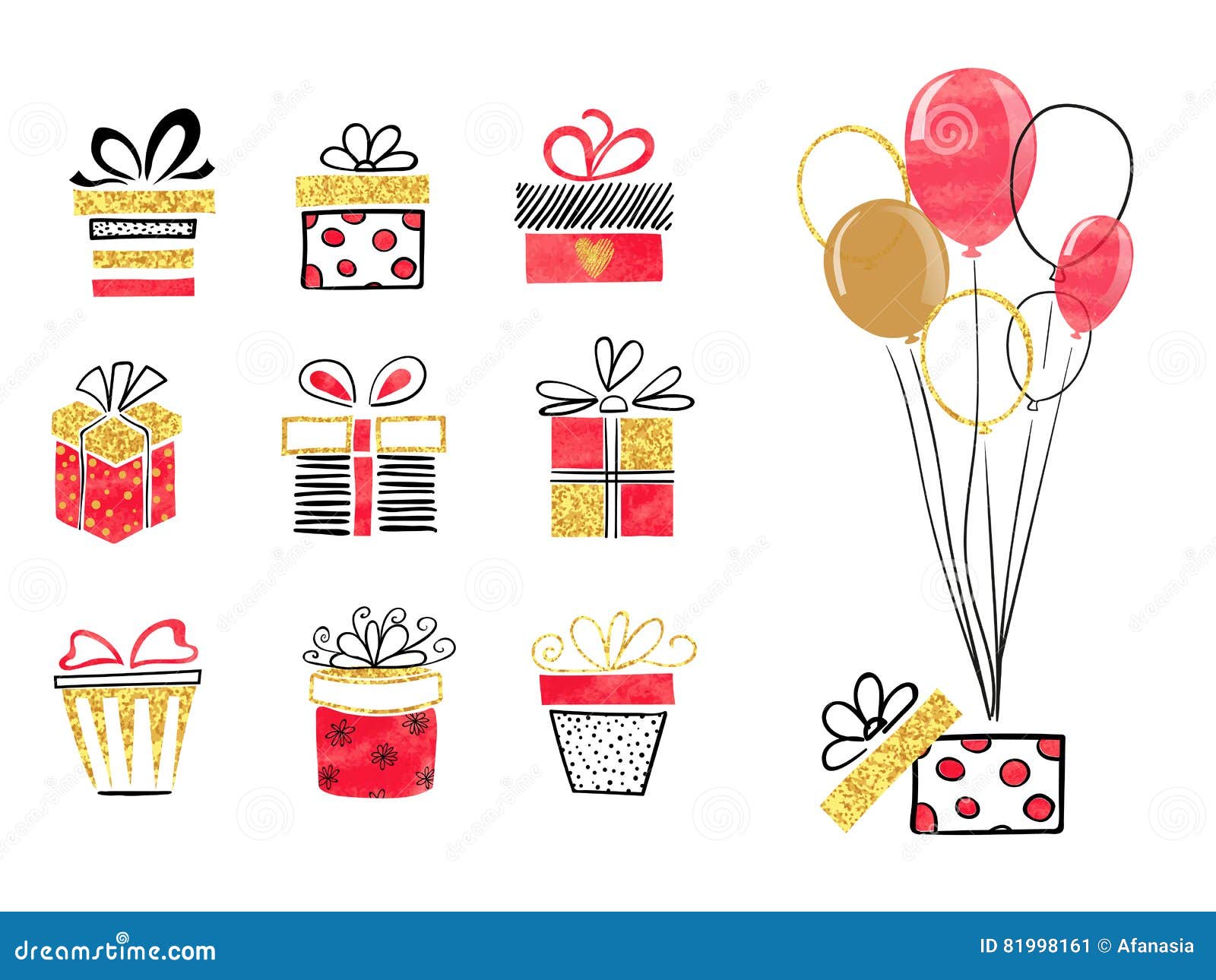 Set of Hand Drawn Gift Boxes in Red, Black and Golden Colors. Stock ...