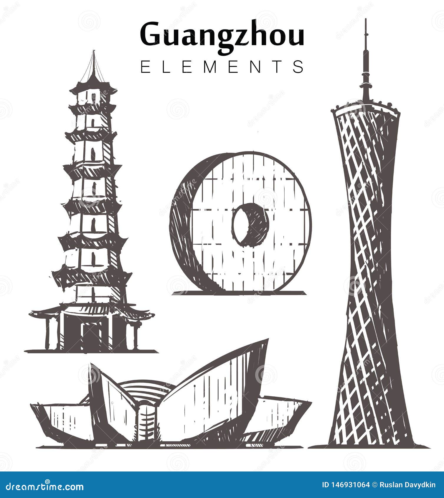 Set of Hand-drawn Guangzhou Buildings Elements Sketch Vector ...