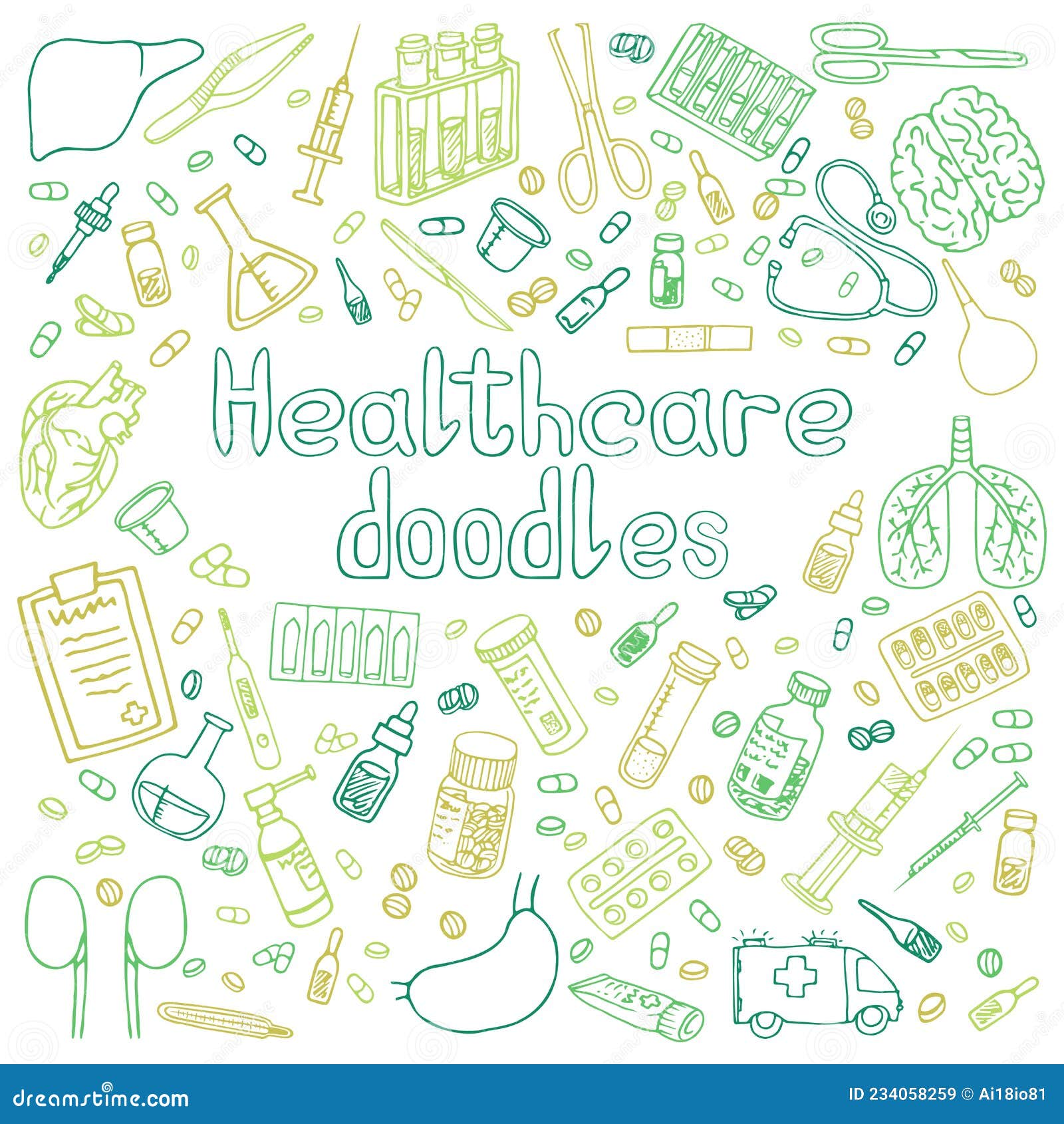 Set of Hand Drawn Haelthcare Doodles. Stock Vector - Illustration of ...