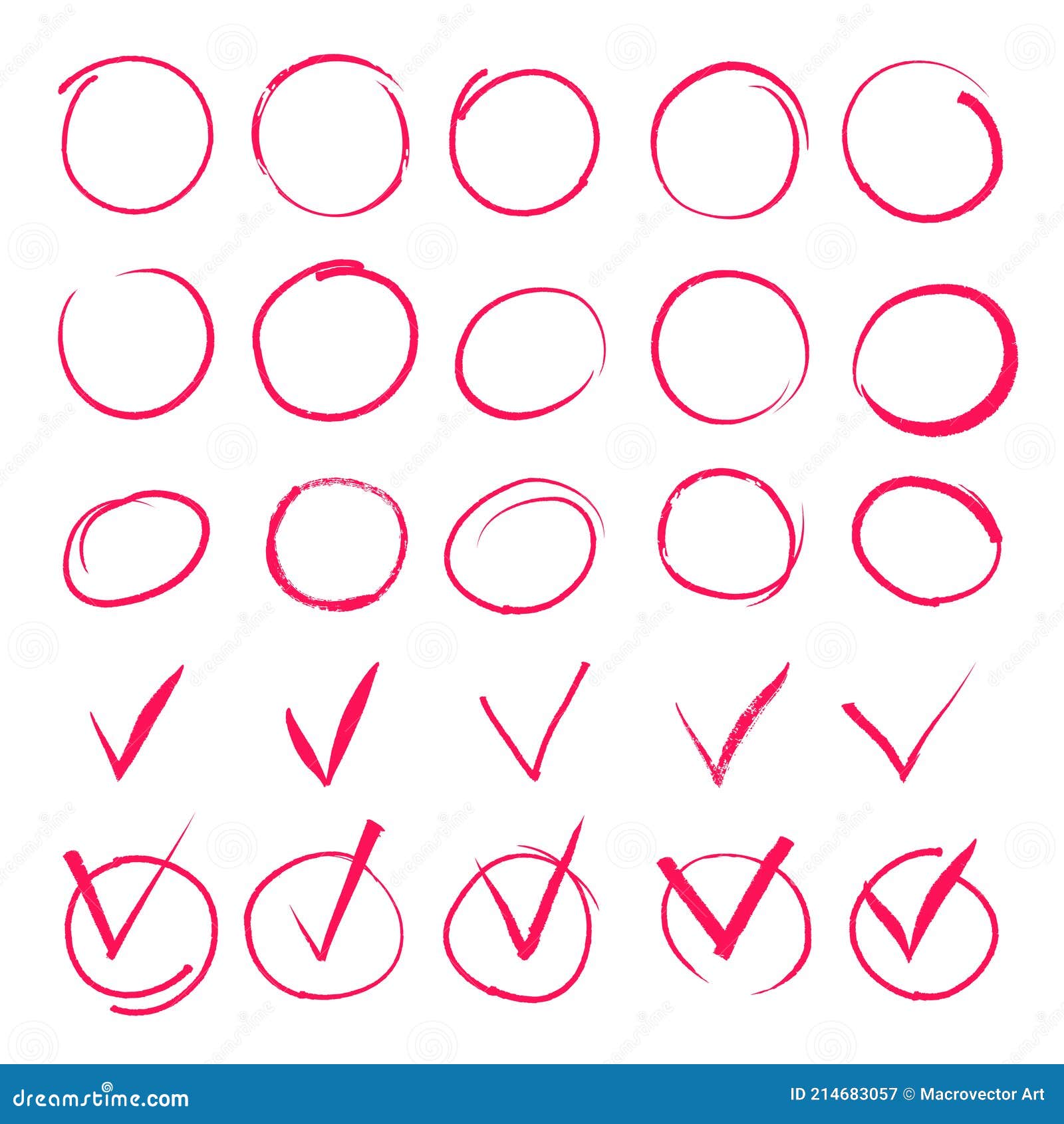 Set of Hand Drawn Highlight Red Circles and Check Mark Icons Stock ...