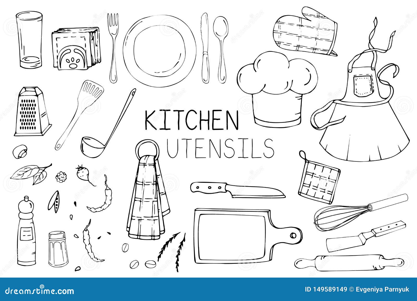 Set of Hand Drawn Illustration with Kitchen Utensils. Actual Vector ...