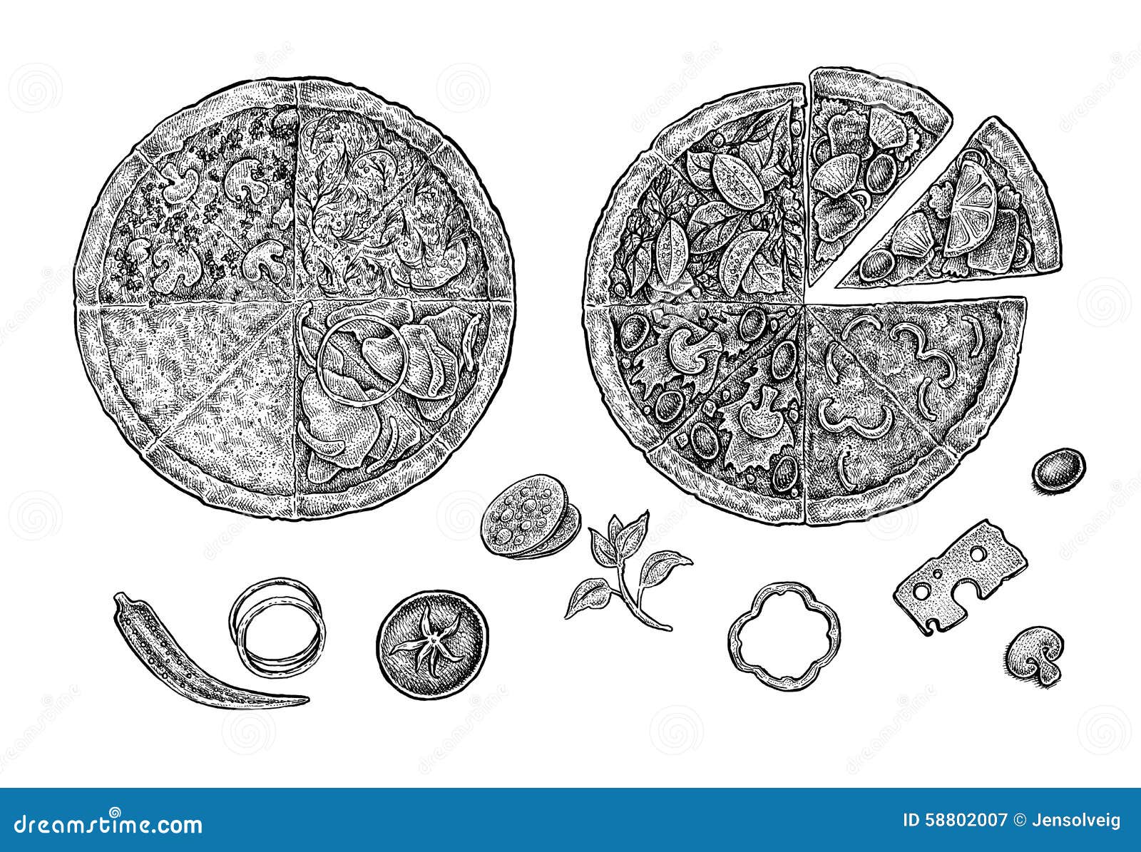 Set of Hand Drawn Ink Pizza and Ingredients. Black Stock Illustration ...