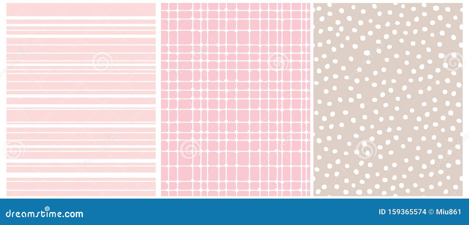 Set of 3 Hand Drawn Irregular Geometric Patterns with Stripes, Dots and ...