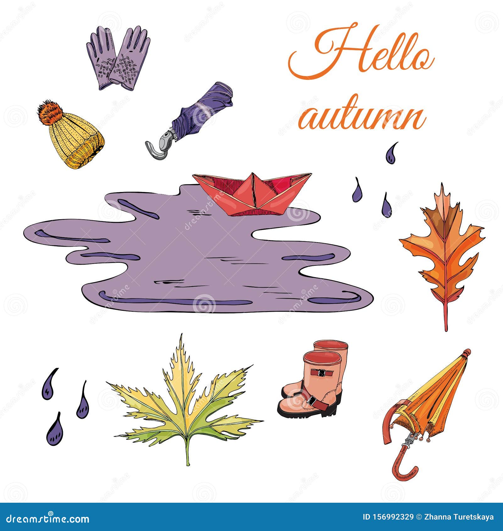 Set with Hand Drawn of Items of Autumn Clothes and Leaves. Ink and ...