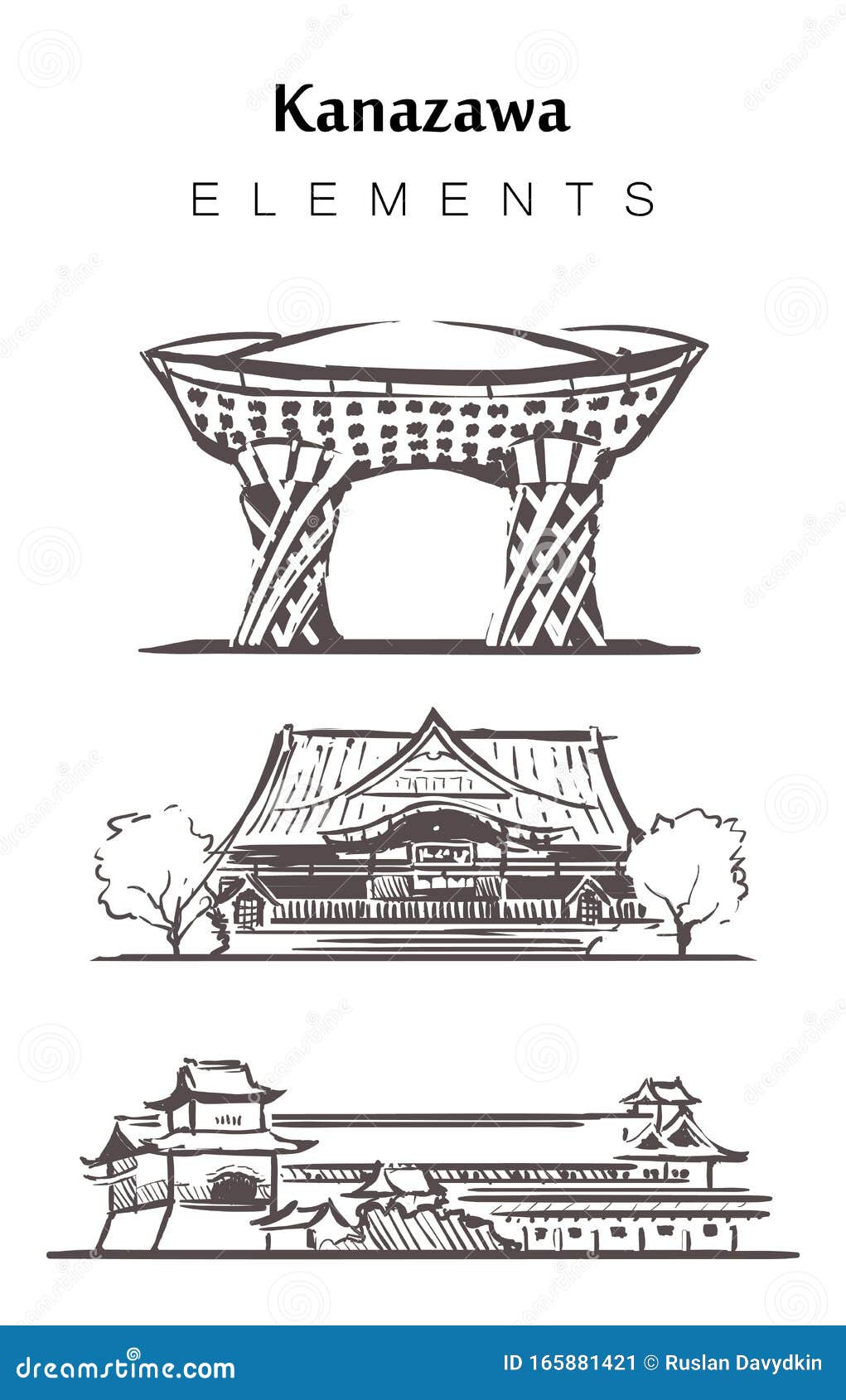 Set Of Hand-drawn Kanazawa Buildings, Elements Sketch Vector Royalty ...