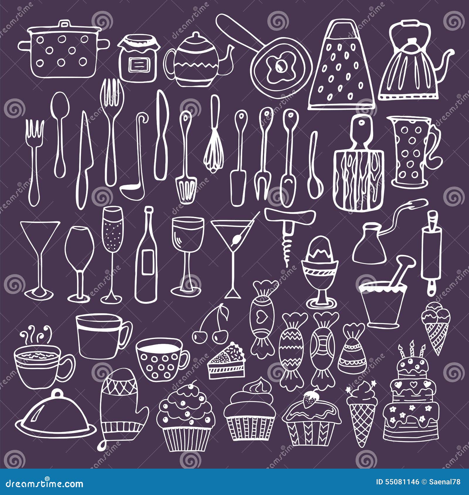 Set of Hand Drawn Kitchen Equipments. Kitchen Utensils Collection Stock ...