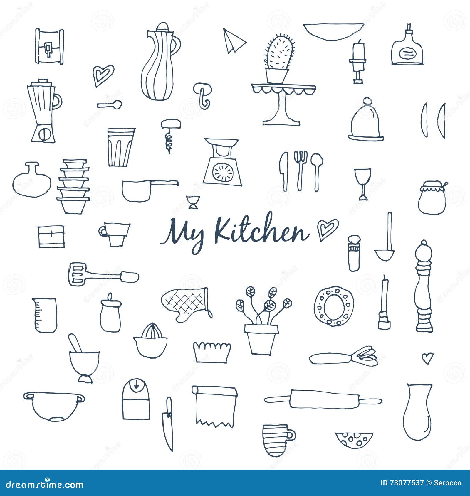 Set of Hand Drawn Kitchen Items for Baking. Stock Vector - Illustration ...