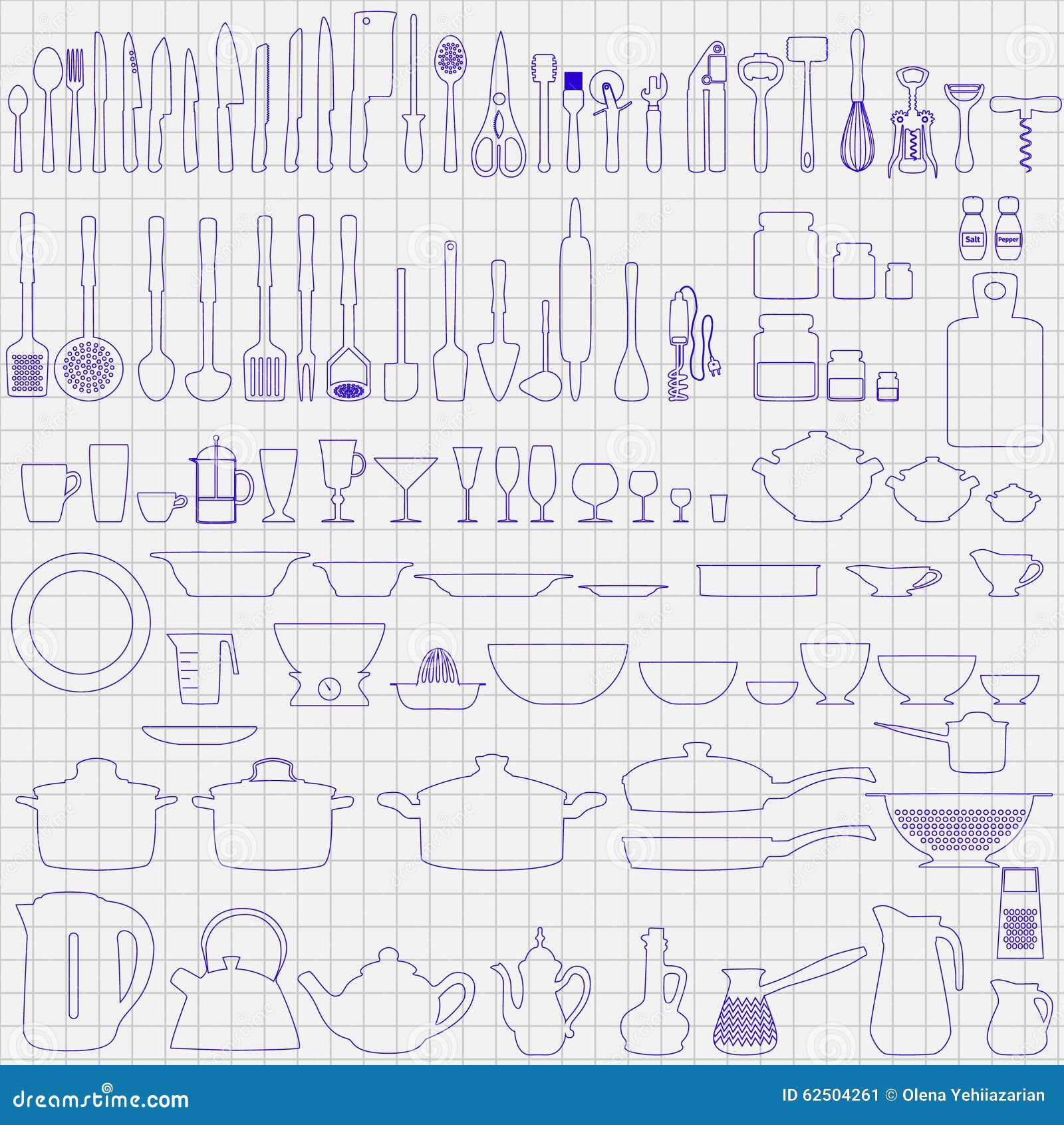 Set of Hand-drawn Kitchen Utensils Stock Vector - Illustration of ...