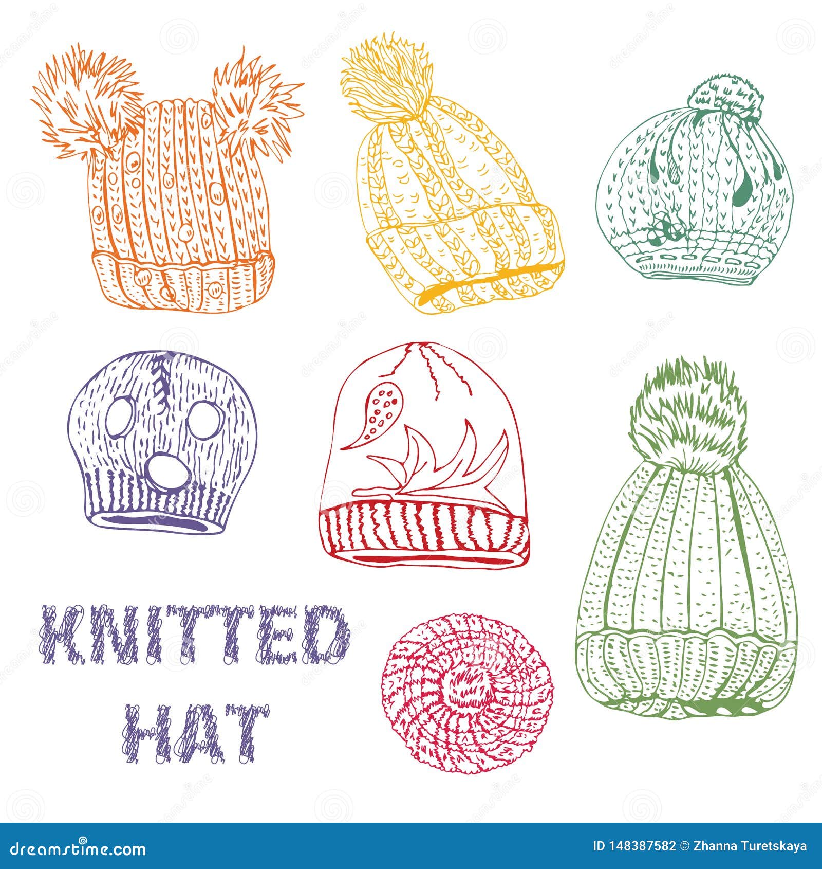 Set with Hand Drawn Knitted Hats and Berets.Colored Line of Ink Sketch ...