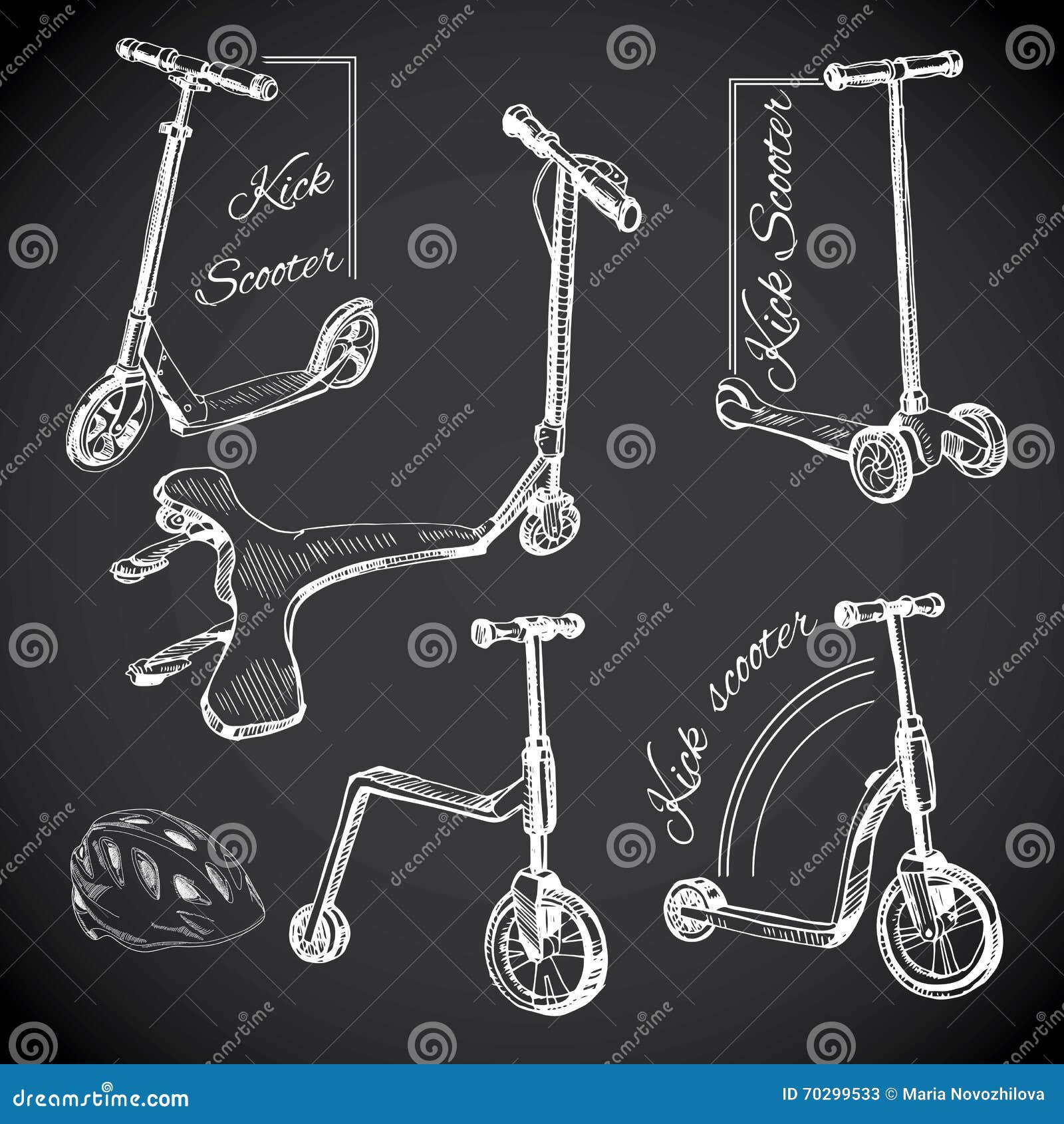 Set Hand Drawn Labels with Kick Scooters. Chalk Board Logos Stock ...