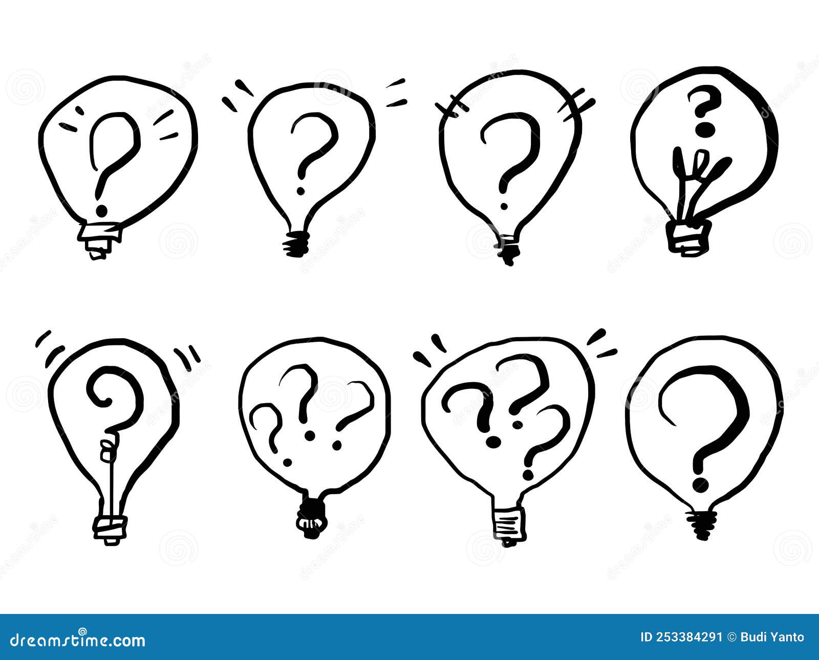 Set of Hand Drawn Light Bulb Icon with Question Sign. Doodle Questions ...
