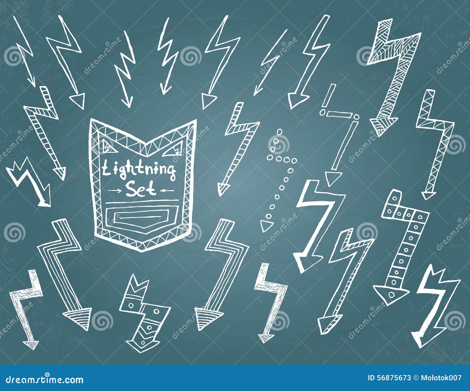 Set of Hand Drawn Lightning on Blue Background. Stock Vector ...