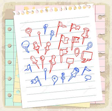 Set of Hand Drawn Map Pointers Paper Note, Vector Illustration Stock ...