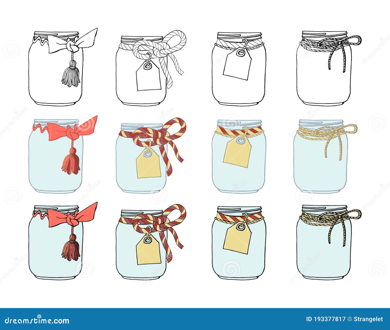 Set of Hand Drawn Mason Jars with Bows and Tags. Stock Vector Stock ...