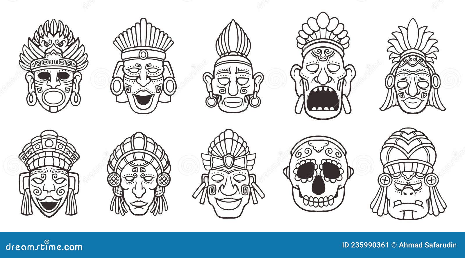 Set of Hand Drawn Maya Faces Symbols Isolated on White Background Stock ...